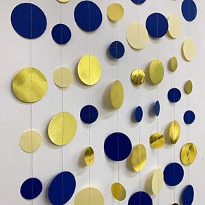 46 Ft Navy Blue and Gold Circle Dots Garland Royal Blue Hanging Paper Polka Dot Streamer for Birthday Wedding Bridal Baby Shower Graduations Nautical Ahoy Achor Pirate Theme Party Decorations Supplies