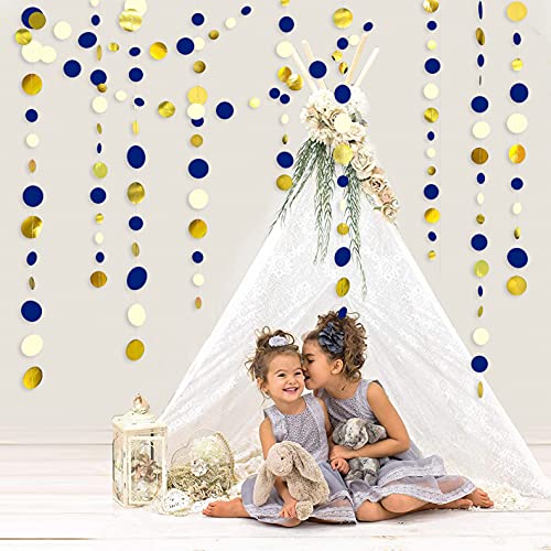 46 Ft Navy Blue and Gold Circle Dots Garland Royal Blue Hanging Paper Polka Dot Streamer for Birthday Wedding Bridal Baby Shower Graduations Nautical Ahoy Achor Pirate Theme Party Decorations Supplies