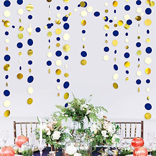 46 Ft Navy Blue and Gold Circle Dots Garland Royal Blue Hanging Paper Polka Dot Streamer for Birthday Wedding Bridal Baby Shower Graduations Nautical Ahoy Achor Pirate Theme Party Decorations Supplies