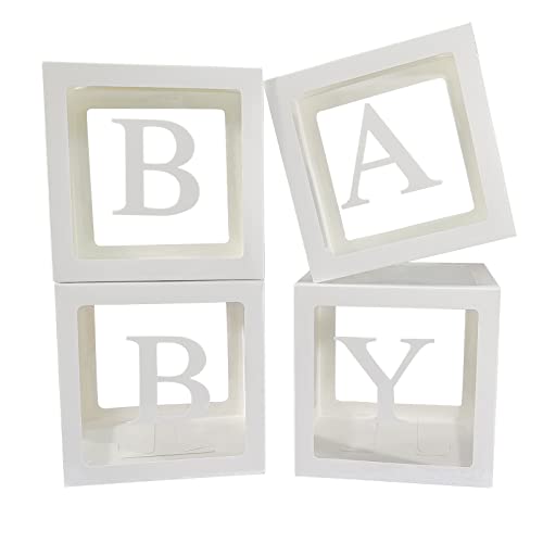 PERPAOL Baby Boxes with Letters for Baby Shower, 4pcs White Clear Balloon Block Box with 8 Letters for Gender Reveal Decorations Birthday Party