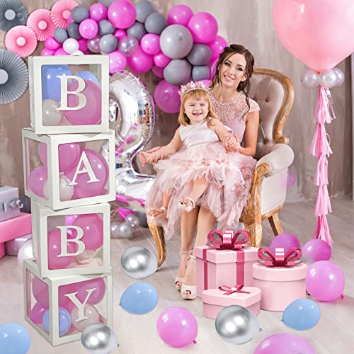 PERPAOL Baby Boxes with Letters for Baby Shower, 4pcs White Clear Balloon Block Box with 8 Letters for Gender Reveal Decorations Birthday Party