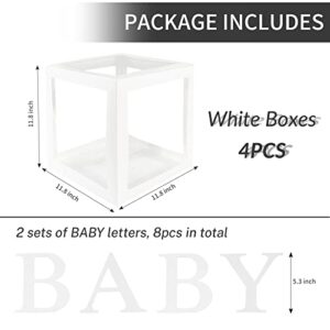 PERPAOL Baby Boxes with Letters for Baby Shower, 4pcs White Clear Balloon Block Box with 8 Letters for Gender Reveal Decorations Birthday Party