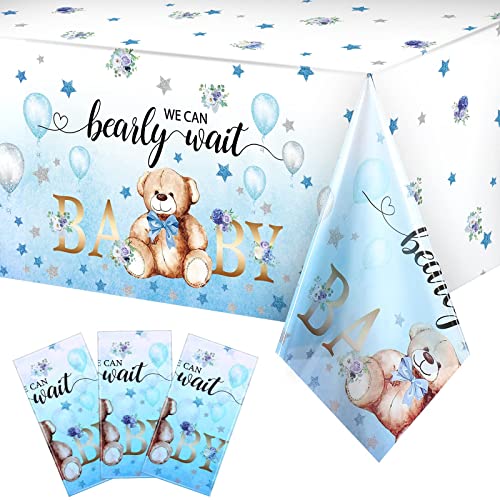 Bear Baby Shower Tablecloth Plastic Bear Table Cover We Can Bearly Wait Baby Tablecloth Bear Balloon Star Flower Table Cover for Kids Birthday Party and Baby Shower, 54 x 108 Inch (Blue,3 Pack)