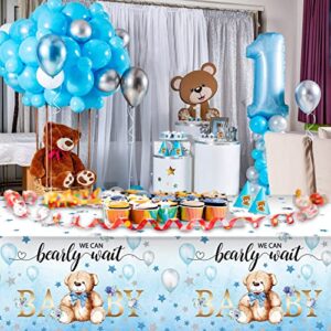 Bear Baby Shower Tablecloth Plastic Bear Table Cover We Can Bearly Wait Baby Tablecloth Bear Balloon Star Flower Table Cover for Kids Birthday Party and Baby Shower, 54 x 108 Inch (Blue,3 Pack)