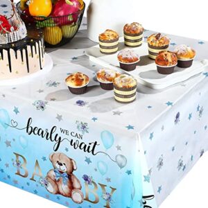 Bear Baby Shower Tablecloth Plastic Bear Table Cover We Can Bearly Wait Baby Tablecloth Bear Balloon Star Flower Table Cover for Kids Birthday Party and Baby Shower, 54 x 108 Inch (Blue,3 Pack)