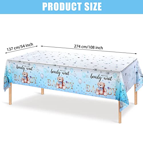 Bear Baby Shower Tablecloth Plastic Bear Table Cover We Can Bearly Wait Baby Tablecloth Bear Balloon Star Flower Table Cover for Kids Birthday Party and Baby Shower, 54 x 108 Inch (Blue,3 Pack)