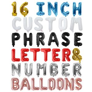 letter balloons – custom phrase 16 inch balloon letters alphabet & number foil balloons – letter balloon banner for birthday, baby shower – gold, silver, rose gold, red, blue, pearl white & black