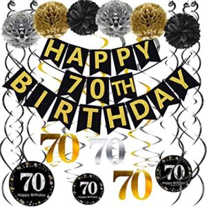 Famoby Black & Gold Glittery Happy 70th Birthday Banner,Poms,Sparkling 70 Hanging Swirls Kit for 70th Birthday Party 70th Anniversary Decorations Supplies