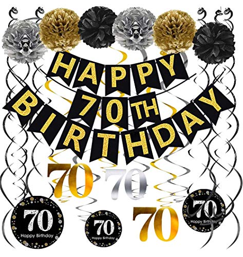 Famoby Black & Gold Glittery Happy 70th Birthday Banner,Poms,Sparkling 70 Hanging Swirls Kit for 70th Birthday Party 70th Anniversary Decorations Supplies