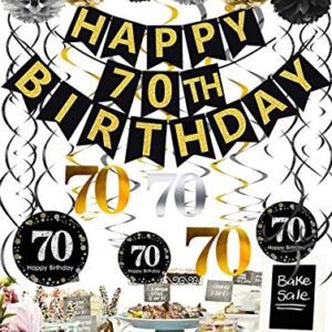 Famoby Black & Gold Glittery Happy 70th Birthday Banner,Poms,Sparkling 70 Hanging Swirls Kit for 70th Birthday Party 70th Anniversary Decorations Supplies