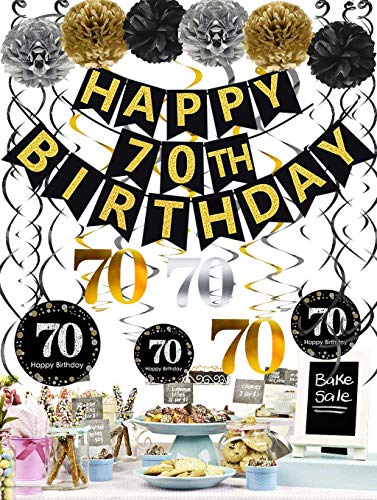 Famoby Black & Gold Glittery Happy 70th Birthday Banner,Poms,Sparkling 70 Hanging Swirls Kit for 70th Birthday Party 70th Anniversary Decorations Supplies