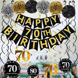 Famoby Black & Gold Glittery Happy 70th Birthday Banner,Poms,Sparkling 70 Hanging Swirls Kit for 70th Birthday Party 70th Anniversary Decorations Supplies