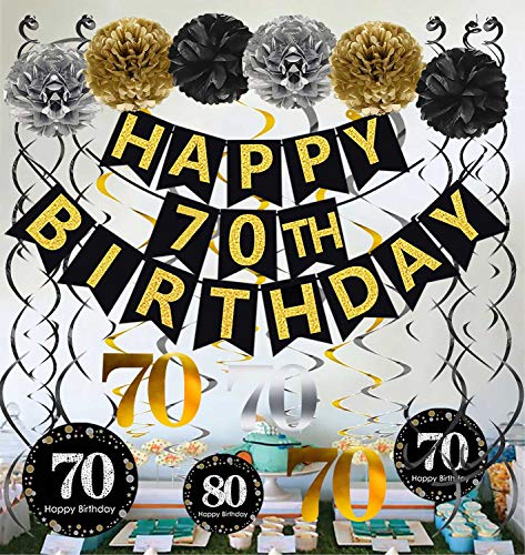 Famoby Black & Gold Glittery Happy 70th Birthday Banner,Poms,Sparkling 70 Hanging Swirls Kit for 70th Birthday Party 70th Anniversary Decorations Supplies