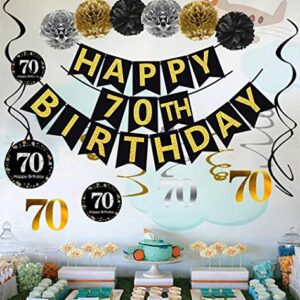 Famoby Black & Gold Glittery Happy 70th Birthday Banner,Poms,Sparkling 70 Hanging Swirls Kit for 70th Birthday Party 70th Anniversary Decorations Supplies