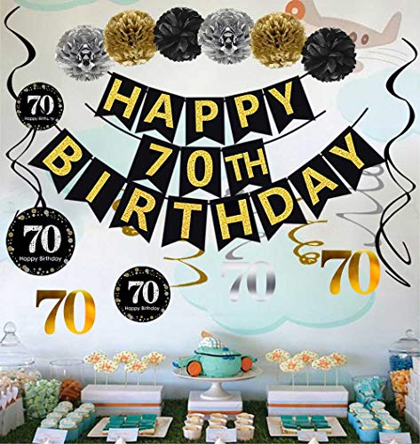 Famoby Black & Gold Glittery Happy 70th Birthday Banner,Poms,Sparkling 70 Hanging Swirls Kit for 70th Birthday Party 70th Anniversary Decorations Supplies