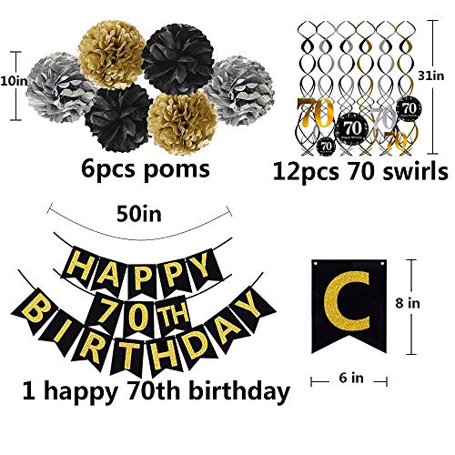 Famoby Black & Gold Glittery Happy 70th Birthday Banner,Poms,Sparkling 70 Hanging Swirls Kit for 70th Birthday Party 70th Anniversary Decorations Supplies