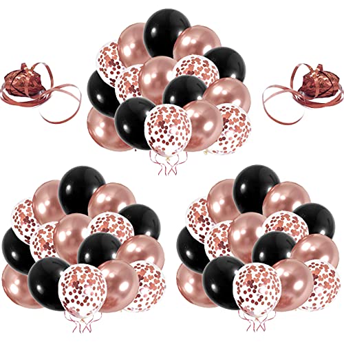 Chrome Metallic Rose Gold and Black Confetti Balloons 55 pcs 12 inch Thick Latex Balloons for Rose Gold Black Baby Bridal Shower,Women Girls Rose Gold and Black Birthday Party Decorations graduation party Supplies