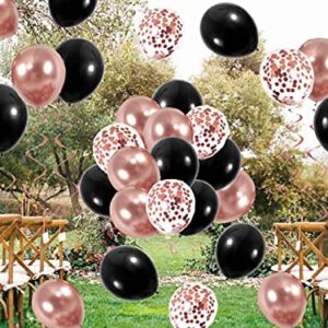 Chrome Metallic Rose Gold and Black Confetti Balloons 55 pcs 12 inch Thick Latex Balloons for Rose Gold Black Baby Bridal Shower,Women Girls Rose Gold and Black Birthday Party Decorations graduation party Supplies