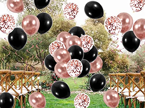 Chrome Metallic Rose Gold and Black Confetti Balloons 55 pcs 12 inch Thick Latex Balloons for Rose Gold Black Baby Bridal Shower,Women Girls Rose Gold and Black Birthday Party Decorations graduation party Supplies