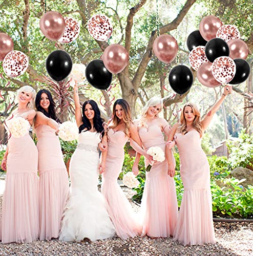 Chrome Metallic Rose Gold and Black Confetti Balloons 55 pcs 12 inch Thick Latex Balloons for Rose Gold Black Baby Bridal Shower,Women Girls Rose Gold and Black Birthday Party Decorations graduation party Supplies