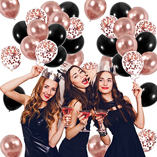 Chrome Metallic Rose Gold and Black Confetti Balloons 55 pcs 12 inch Thick Latex Balloons for Rose Gold Black Baby Bridal Shower,Women Girls Rose Gold and Black Birthday Party Decorations graduation party Supplies