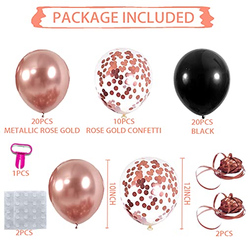 Chrome Metallic Rose Gold and Black Confetti Balloons 55 pcs 12 inch Thick Latex Balloons for Rose Gold Black Baby Bridal Shower,Women Girls Rose Gold and Black Birthday Party Decorations graduation party Supplies