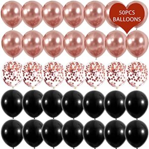 Chrome Metallic Rose Gold and Black Confetti Balloons 55 pcs 12 inch Thick Latex Balloons for Rose Gold Black Baby Bridal Shower,Women Girls Rose Gold and Black Birthday Party Decorations graduation party Supplies