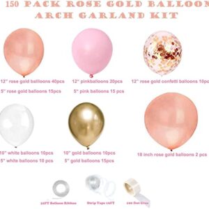 Rose Gold Balloon Garland Arch Kit, 150 Pieces Rose Gold Pink White and Gold Confetti Latex Balloons for Baby Shower Wedding Birthday Graduation Anniversary Bachelorette Party Background Decorations