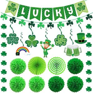 st patricks day decorations, st patricks day decor set with 1 lucky banner, 1 felt shamrock garland, 14 swirl strings, 4 glitter shamrock strings, 6 tissue pom poms, 2 paper fans for party supplies