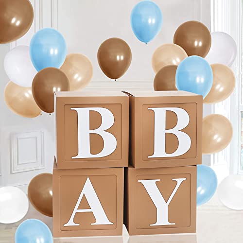 Teddy Bear Baby Shower Boxes Decorations, 4pcs Brown Baby Shower Blocks with Letters, Stereoscopic Babyshower Balloon Boxes for Woodland Baby Shower Decor Boys Girls Gender Reveal Backdrop