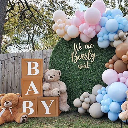 Teddy Bear Baby Shower Boxes Decorations, 4pcs Brown Baby Shower Blocks with Letters, Stereoscopic Babyshower Balloon Boxes for Woodland Baby Shower Decor Boys Girls Gender Reveal Backdrop