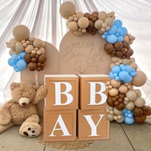 Teddy Bear Baby Shower Boxes Decorations, 4pcs Brown Baby Shower Blocks with Letters, Stereoscopic Babyshower Balloon Boxes for Woodland Baby Shower Decor Boys Girls Gender Reveal Backdrop