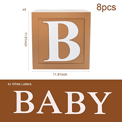 Teddy Bear Baby Shower Boxes Decorations, 4pcs Brown Baby Shower Blocks with Letters, Stereoscopic Babyshower Balloon Boxes for Woodland Baby Shower Decor Boys Girls Gender Reveal Backdrop