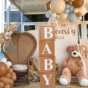 Teddy Bear Baby Shower Boxes Decorations, 4pcs Brown Baby Shower Blocks with Letters, Stereoscopic Babyshower Balloon Boxes for Woodland Baby Shower Decor Boys Girls Gender Reveal Backdrop