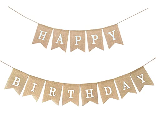 Shimmer Anna Shine Burlap Happy Birthday Banner for Birthday Party Decorations (White Print)