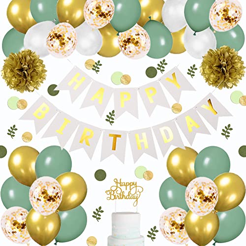 Sage Green Party Decorations White Happy Birthday Banner Sage Green and Gold Balloons Olive Green Confetti Dots Scatter Table Decoration for Girls Women Birthday Baby Shower Party Supplies