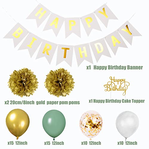 Sage Green Party Decorations White Happy Birthday Banner Sage Green and Gold Balloons Olive Green Confetti Dots Scatter Table Decoration for Girls Women Birthday Baby Shower Party Supplies