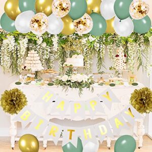 Sage Green Party Decorations White Happy Birthday Banner Sage Green and Gold Balloons Olive Green Confetti Dots Scatter Table Decoration for Girls Women Birthday Baby Shower Party Supplies