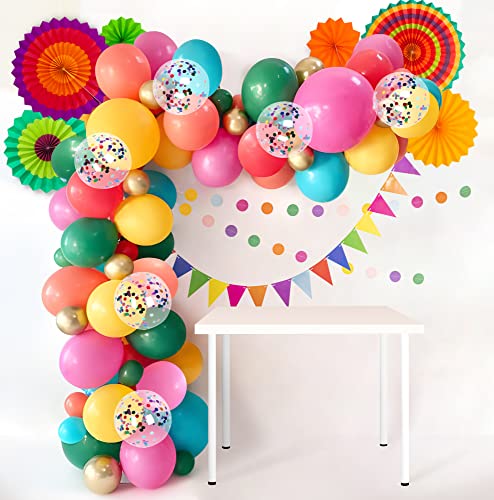 Cinco De Mayo Fiesta Party Decorations - Mexican Themed Balloons Garland Arch Kit + Paper Fans for Birthday Decor Supplies (No Air Pump,Dot&Pennant Banner)