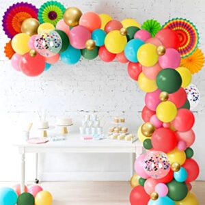 Cinco De Mayo Fiesta Party Decorations - Mexican Themed Balloons Garland Arch Kit + Paper Fans for Birthday Decor Supplies (No Air Pump,Dot&Pennant Banner)