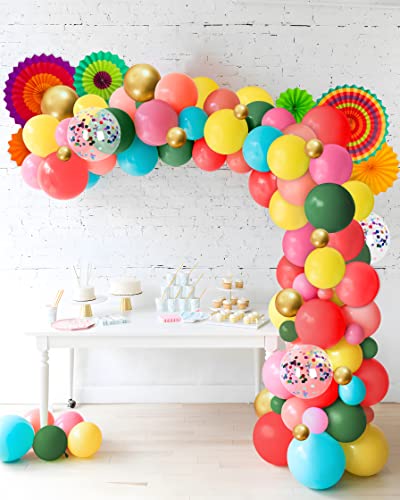 Cinco De Mayo Fiesta Party Decorations - Mexican Themed Balloons Garland Arch Kit + Paper Fans for Birthday Decor Supplies (No Air Pump,Dot&Pennant Banner)