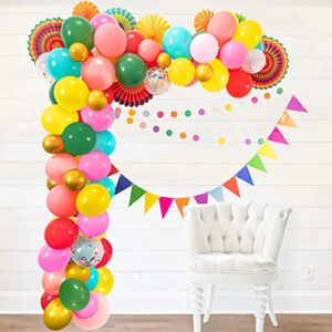 Cinco De Mayo Fiesta Party Decorations - Mexican Themed Balloons Garland Arch Kit + Paper Fans for Birthday Decor Supplies (No Air Pump,Dot&Pennant Banner)