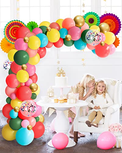 Cinco De Mayo Fiesta Party Decorations - Mexican Themed Balloons Garland Arch Kit + Paper Fans for Birthday Decor Supplies (No Air Pump,Dot&Pennant Banner)