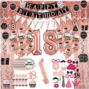 18th birthday decorations for girls – (76pack) rose gold party banner, pennant, hanging swirl, birthday balloons, foil backdrops, cupcake topper, plates, photo props,sash,happy 18th birthday gifts