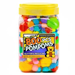 bundooraking 800pcs multi-colored pom poms, assorted sizes and styles, pom poms for crafts.