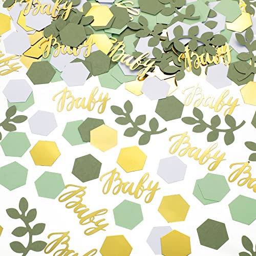 220 Pieces Greenery Baby Shower Confetti Decorations with Eucalyptus Sage Green Paper Table Confetti Hexagon Shape Table Scatter Confetti Gold White Green Confetti for Girl Boy Gender Reveal Party