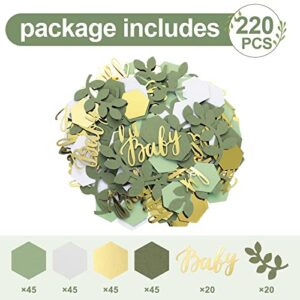 220 Pieces Greenery Baby Shower Confetti Decorations with Eucalyptus Sage Green Paper Table Confetti Hexagon Shape Table Scatter Confetti Gold White Green Confetti for Girl Boy Gender Reveal Party