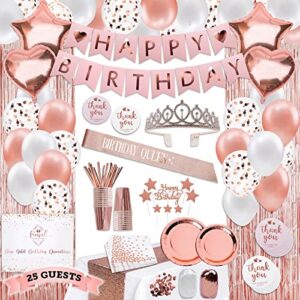 225 pc rose gold birthday party decorations kit for girls, teens or women – happy birthday pre-strung banners, curtains,table runner, balloons, sash, tiara, cake toppers, plates, cups, napkins straws for 25 guest & thank you stickers