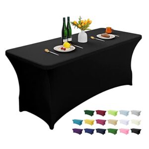 azon black 6ft stretch spandex table cover washable and wrinkle resistant kitchen spandex tablecloth fitted rectangular table for party,banquet,weddings,cocktail and festival