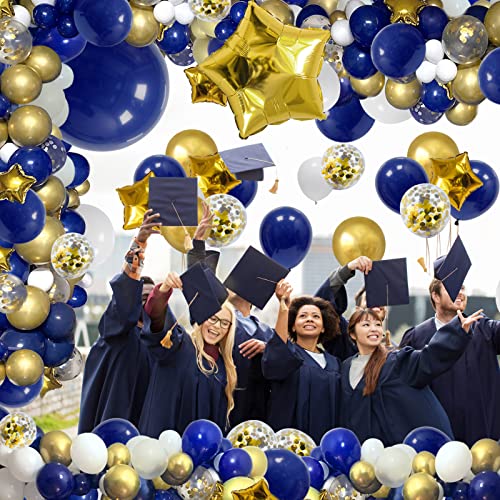 JULLIZ 148pcs Navy Blue Gold Balloon Arch Garland, Royal White Gold Confetti Balloons for 2023Graduation Shower Wedding Birthday Classroom Decoration